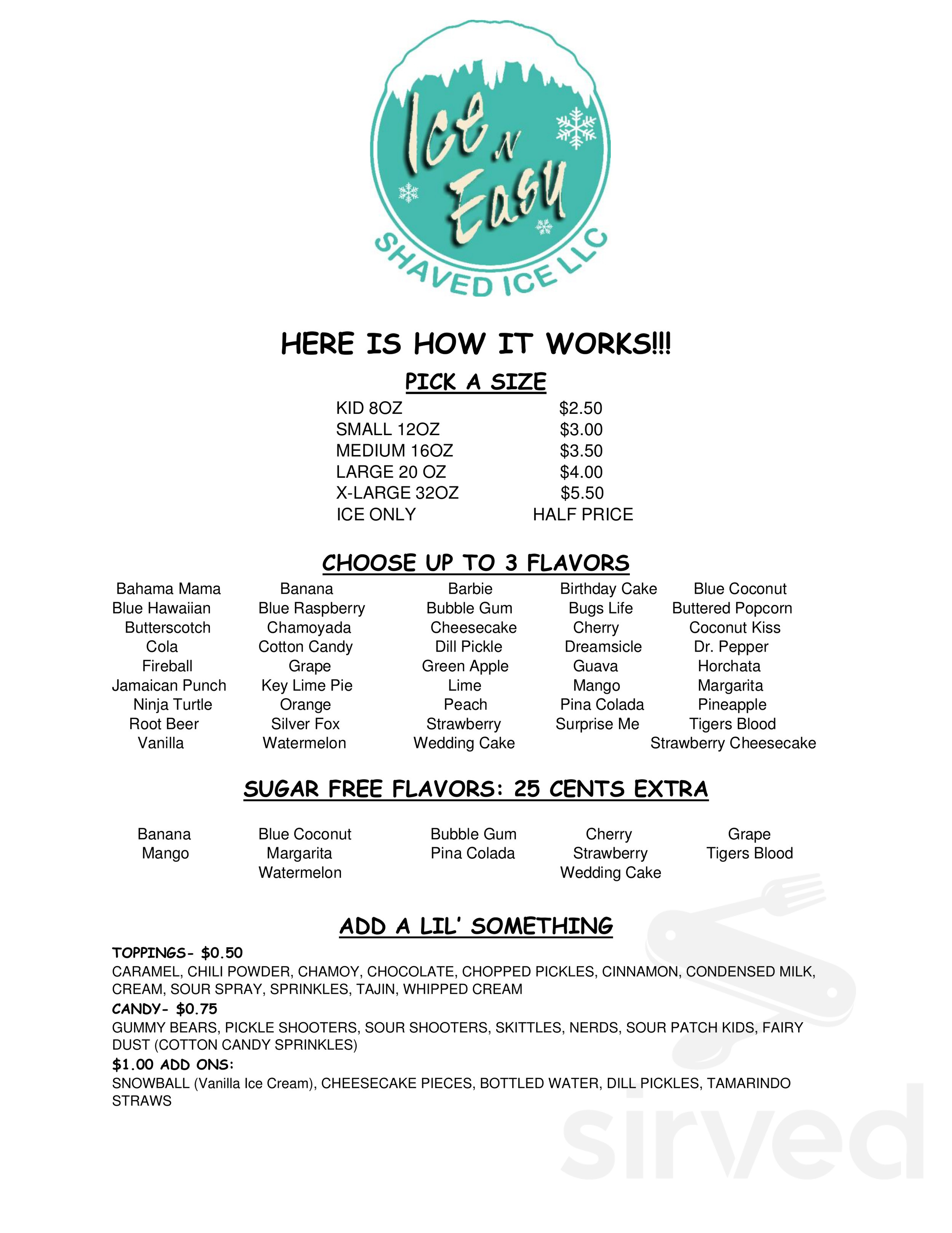 Ice N Easy Shaved Ice LLC menu in Cleburne, Texas, USA