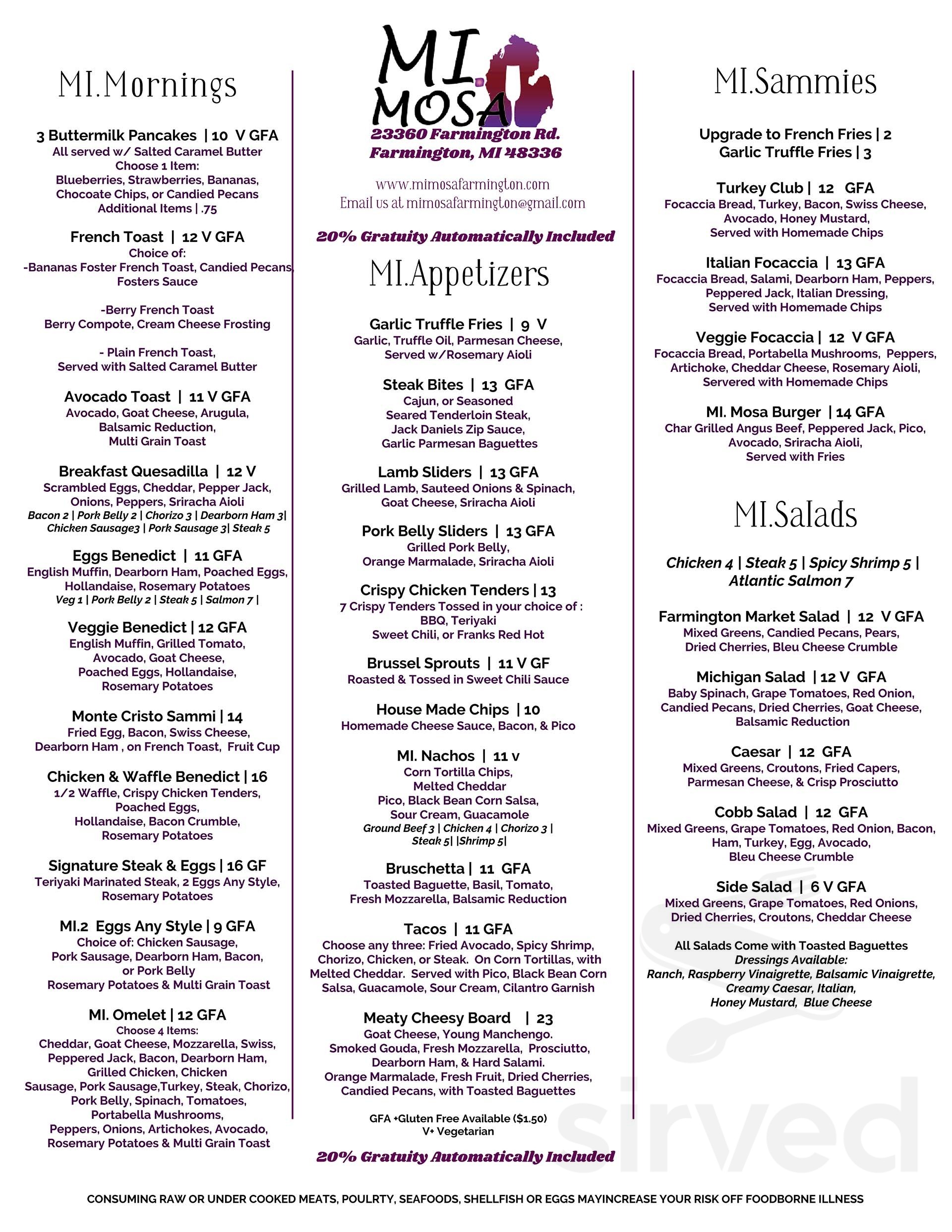 MI.MOSA menu in Farmington, Michigan, USA