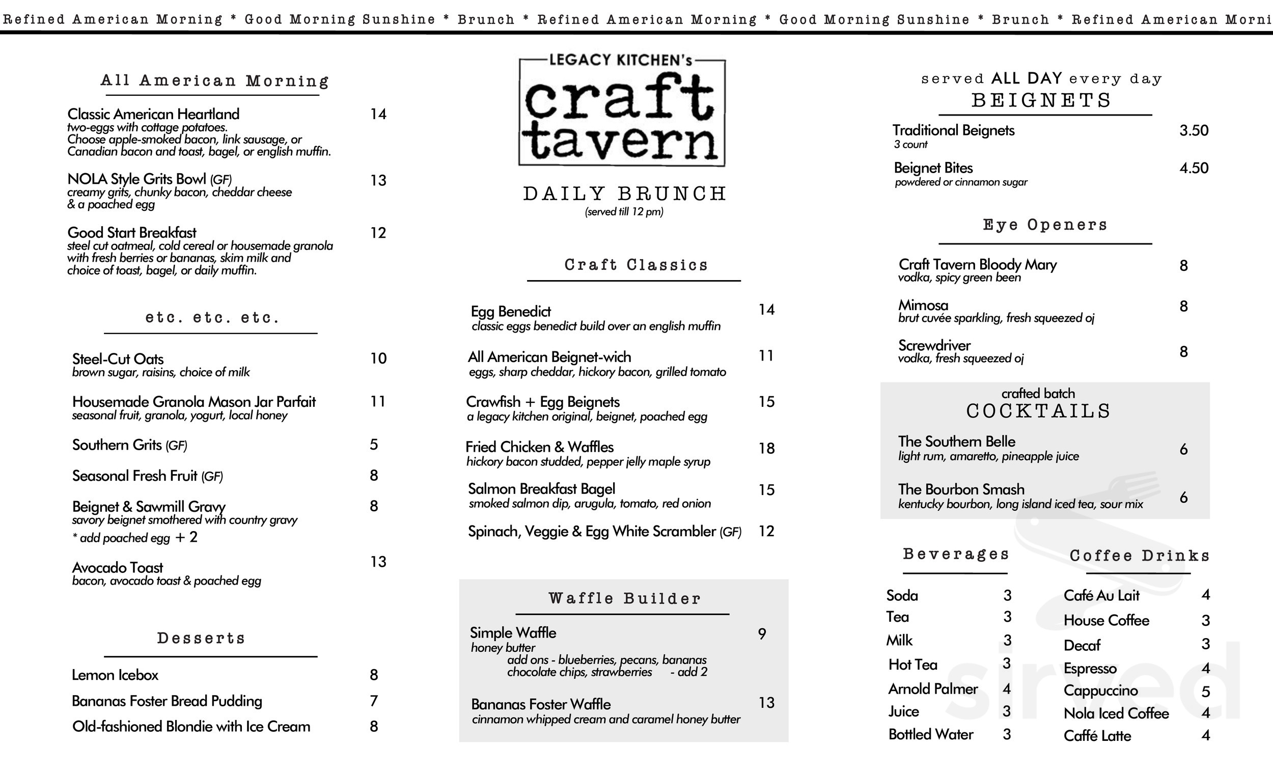 Legacy Kitchen Craft Tavern menu in New Orleans, Louisiana, USA