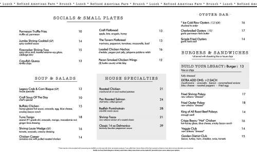 Legacy Kitchen Craft Tavern menu in New Orleans, Louisiana, USA