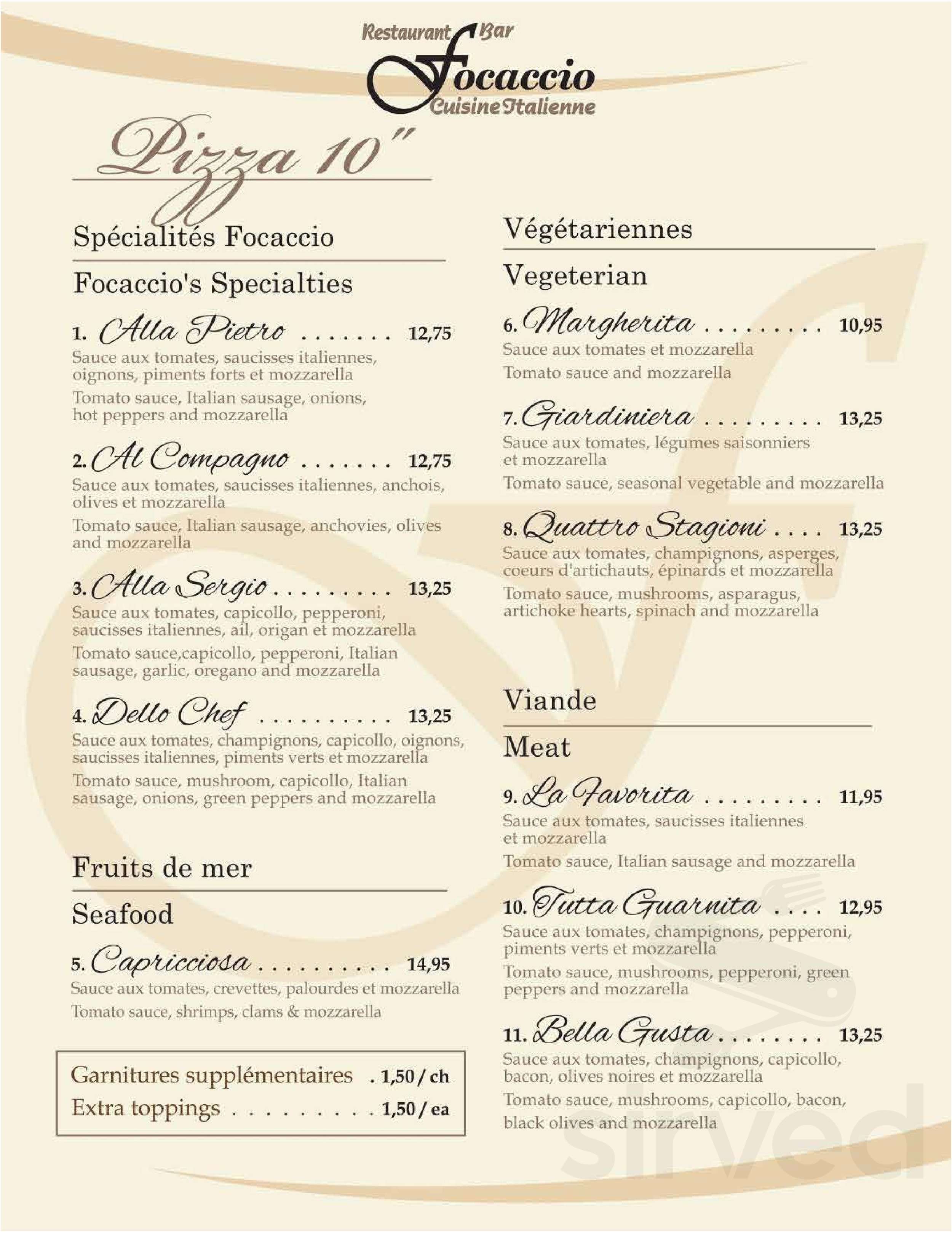 Restaurant Bar Focaccio menu in Dorval, Quebec H9P 1C3, Canada
