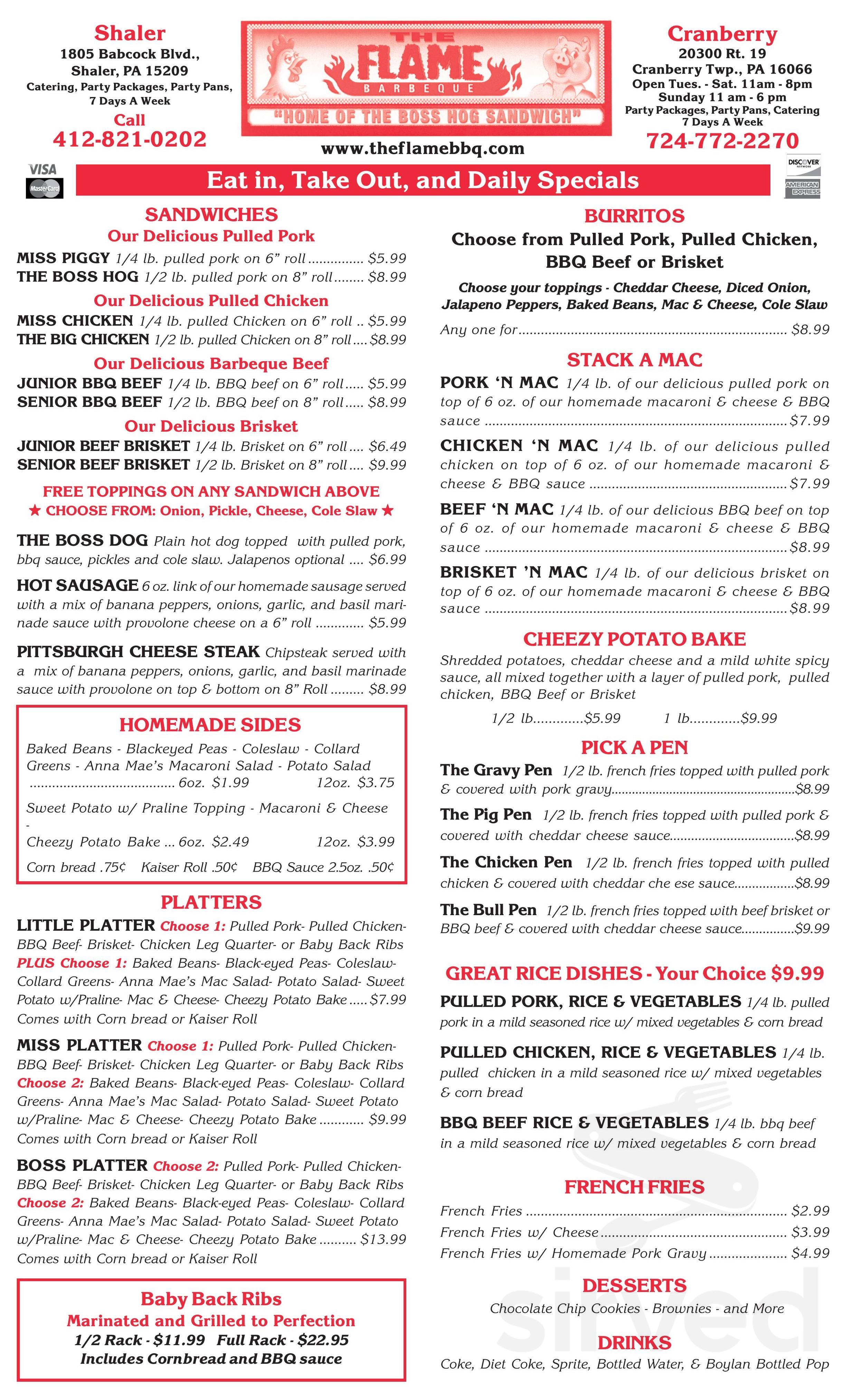 The Flame BBQ menu in Cranberry Twp, Pennsylvania, USA