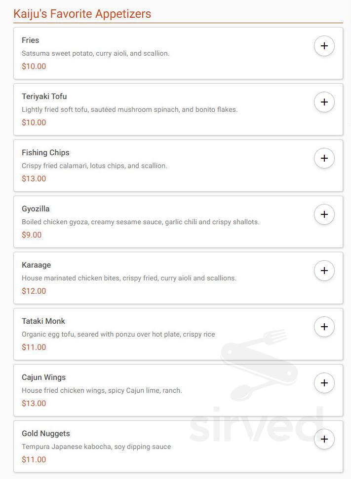 Kaiju Eats Ramen & Izakaya menu in San Francisco, California, USA