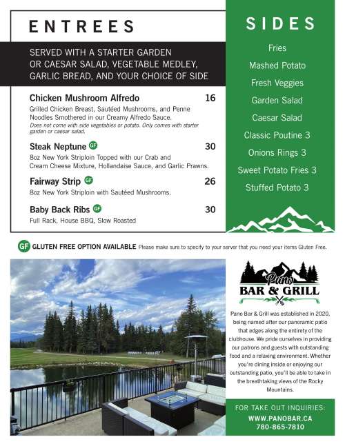 Pano Bar & Grill menu in Hinton, Alberta, Canada