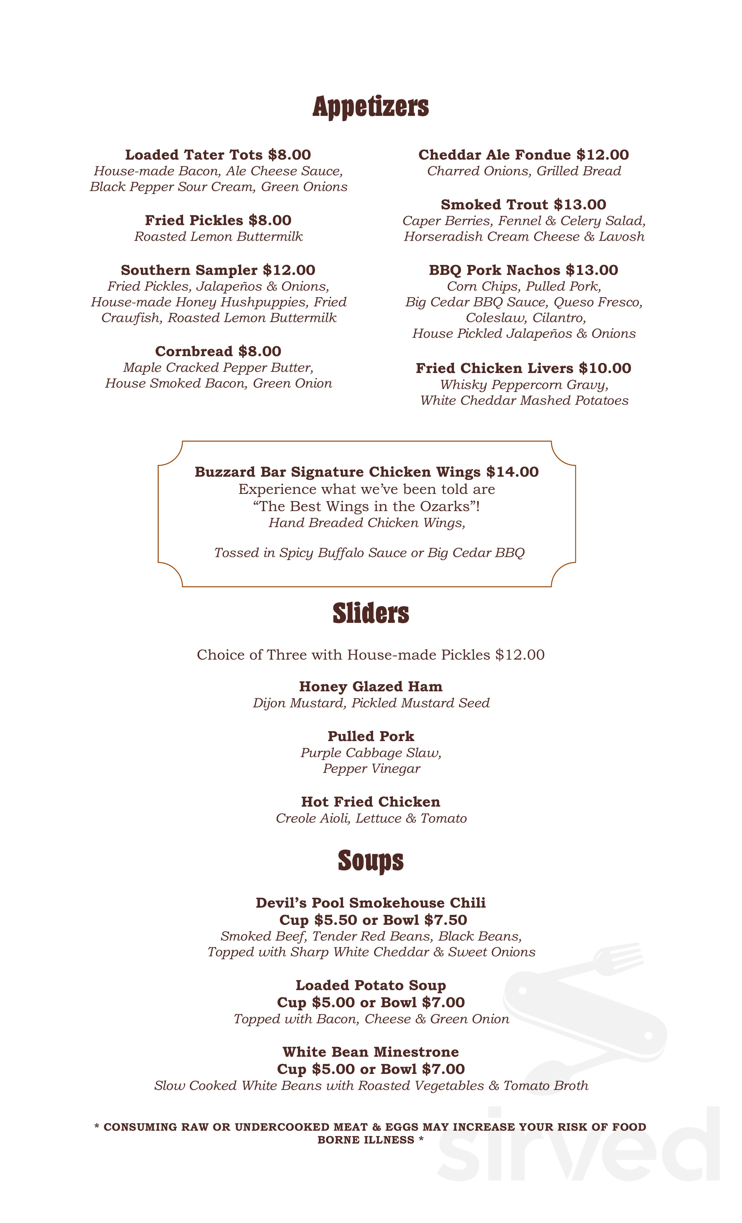 Buzzard Bar menu in Ridgedale, Missouri, USA