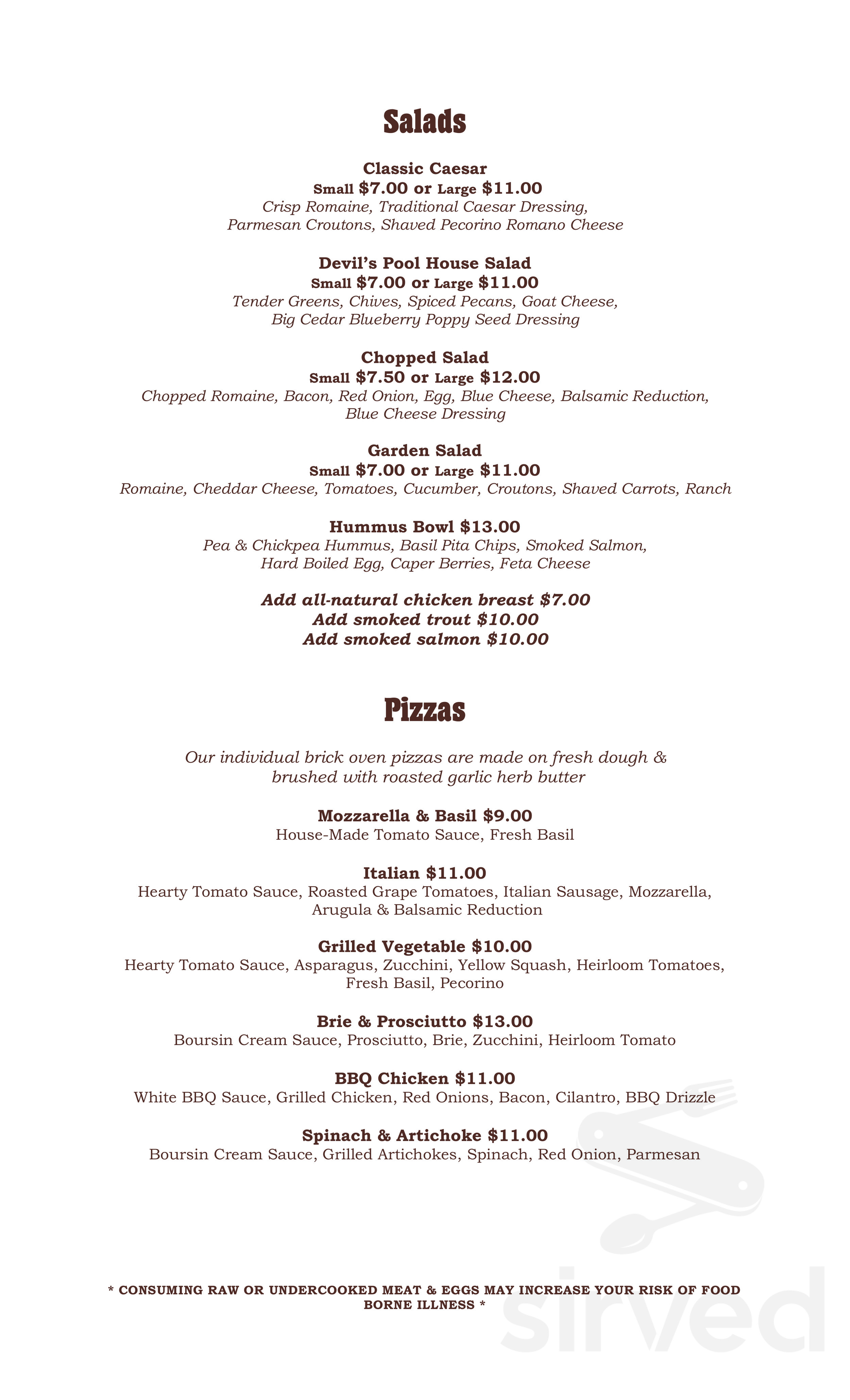 Buzzard Bar menu in Ridgedale, Missouri, USA