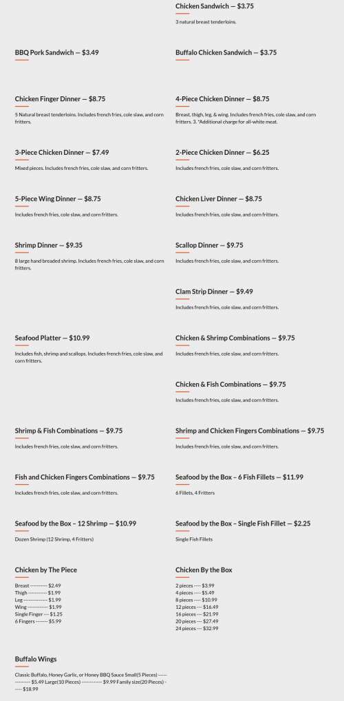 Bud's Chicken & Seafood menu in Boynton Beach, Florida, USA