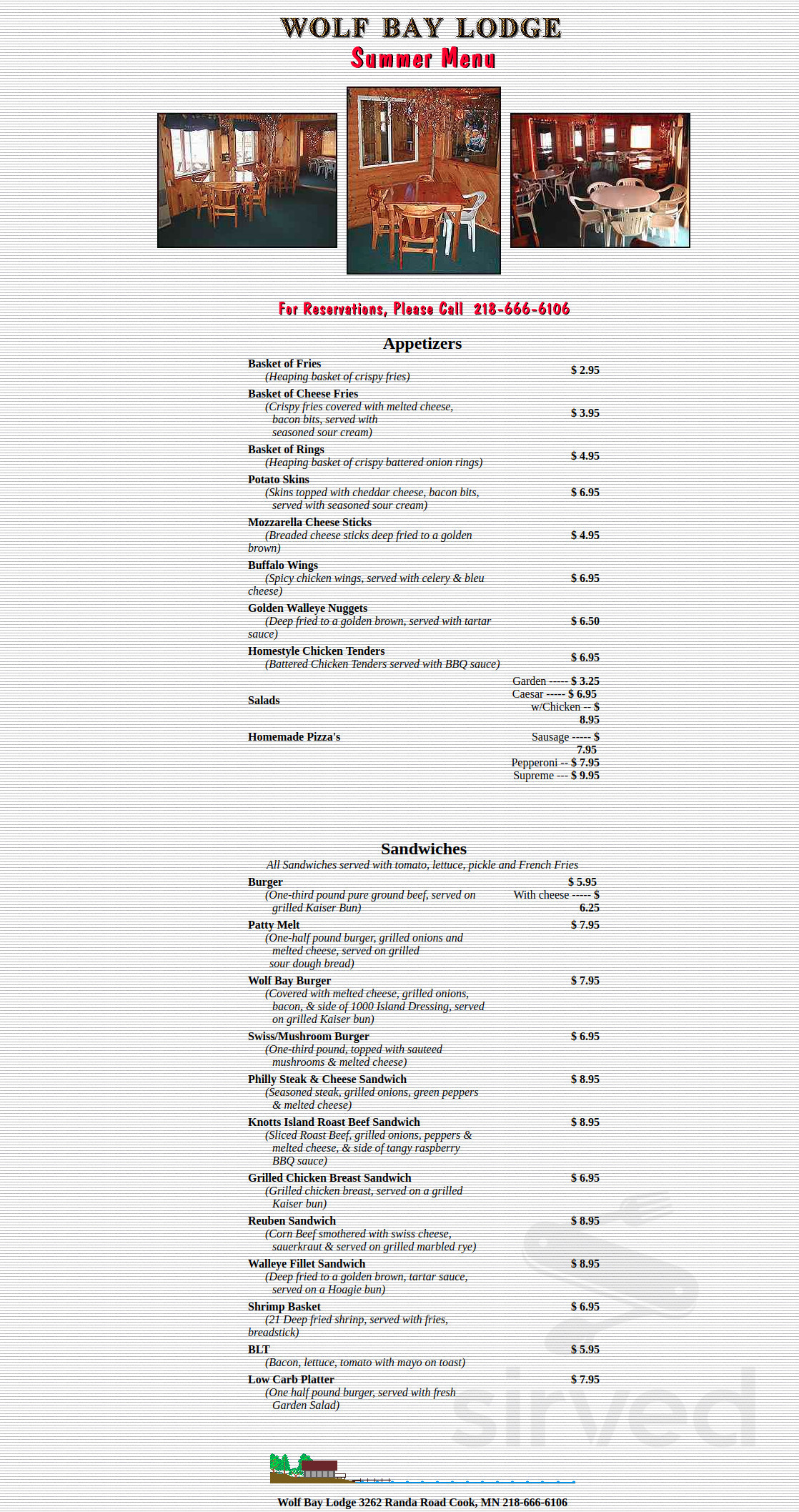 Wolf Bay Lodge menu in Cook, Minnesota, USA