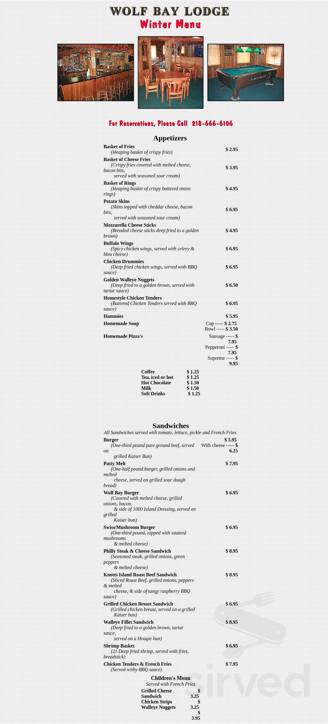 Wolf Bay Lodge menu in Cook, Minnesota, USA