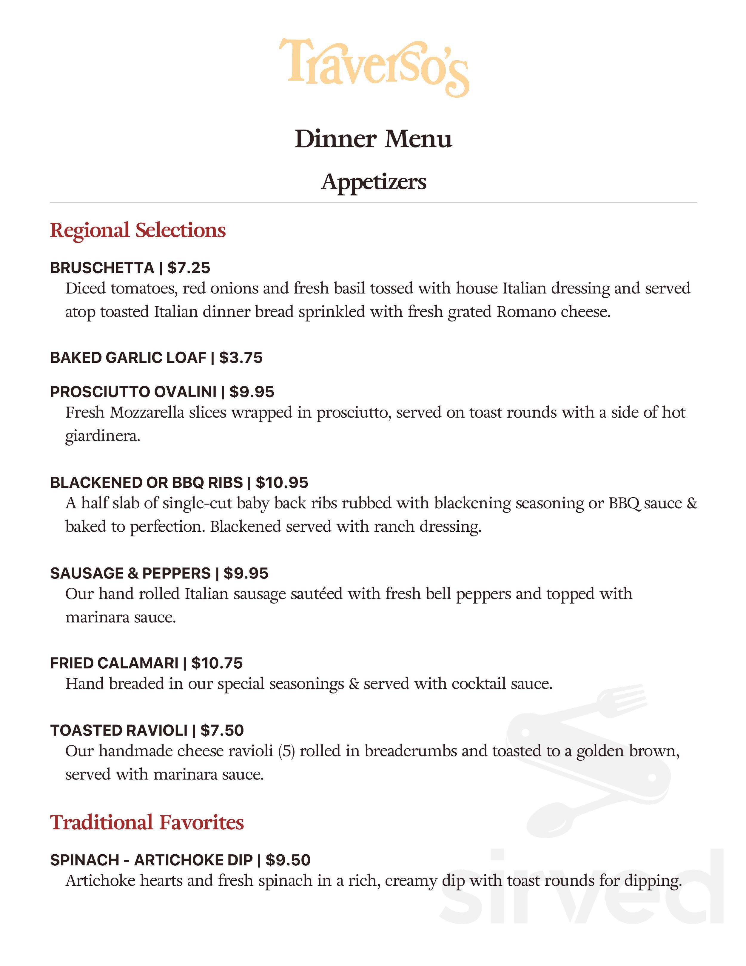 Traverso's menu in Naperville, Illinois, USA