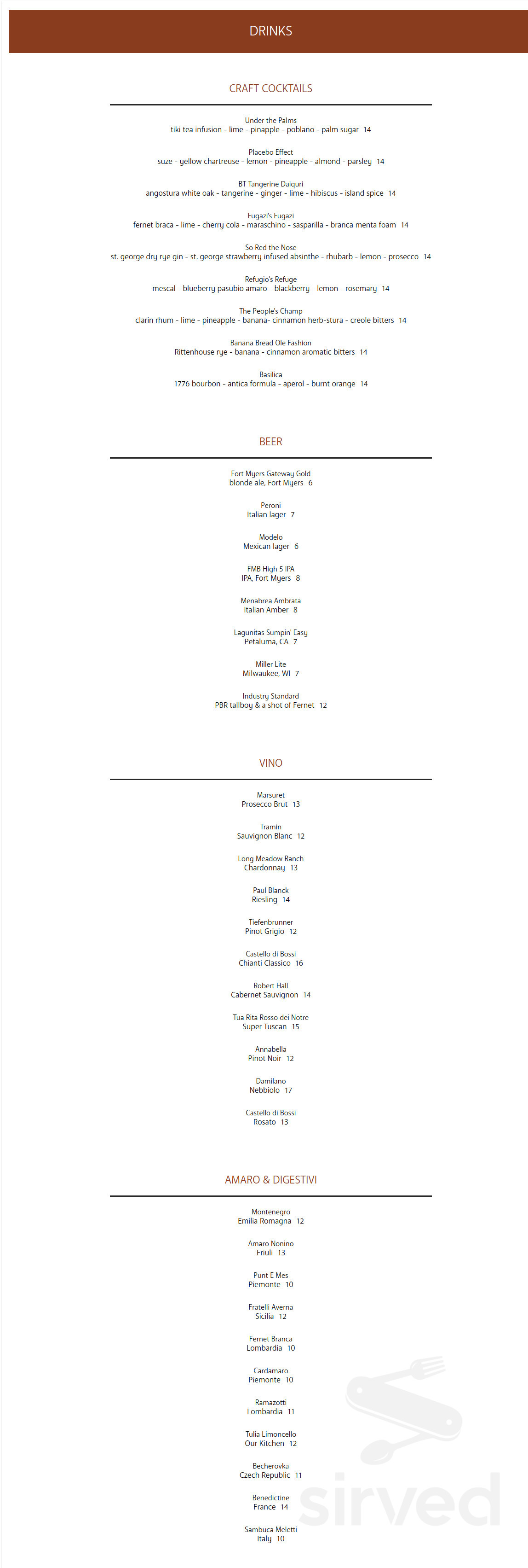 Menu for Bar Tulia 5th Ave. - Naples, FL | Sirved