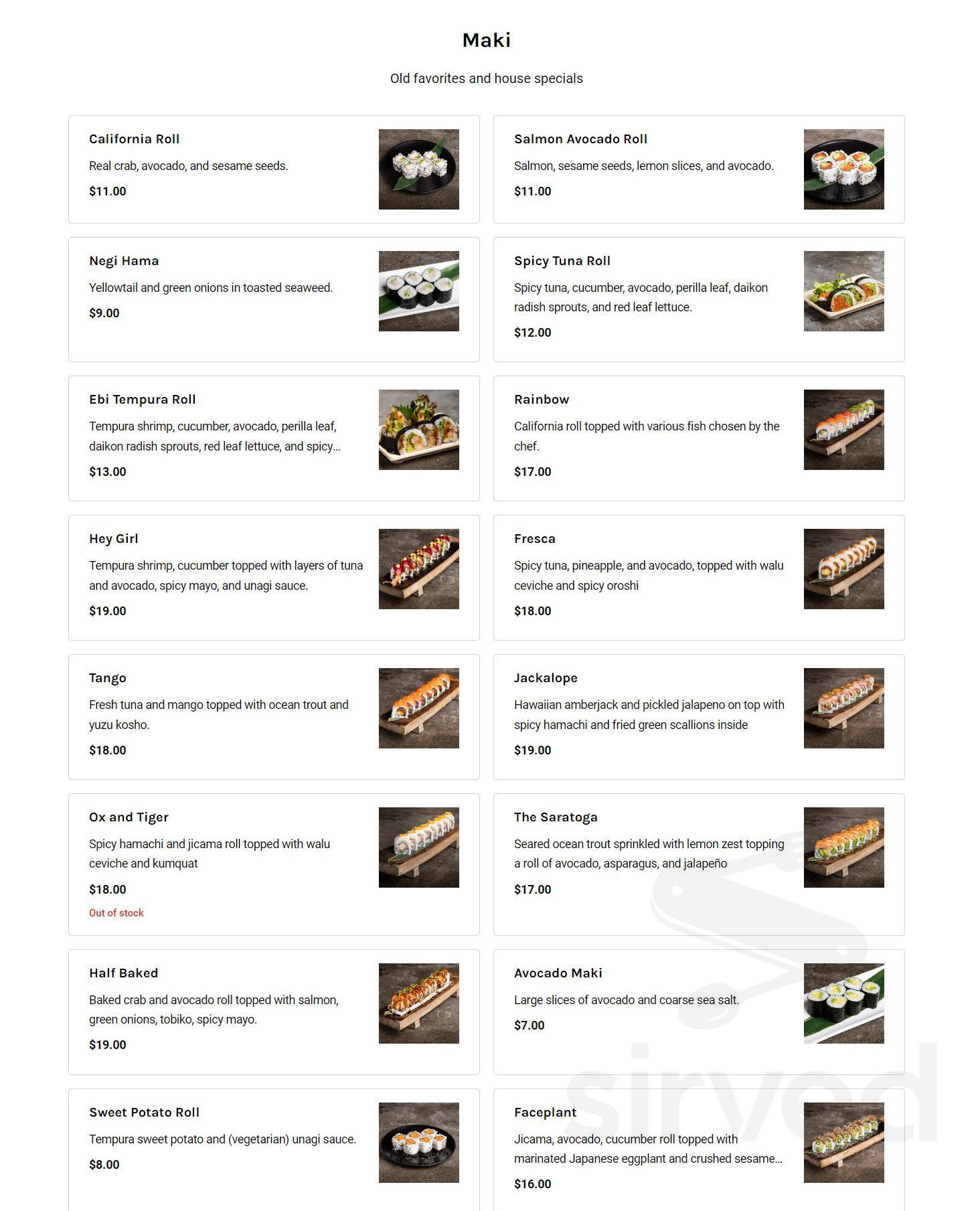 Kuma Sushi + Sake menu in San Francisco, California, USA