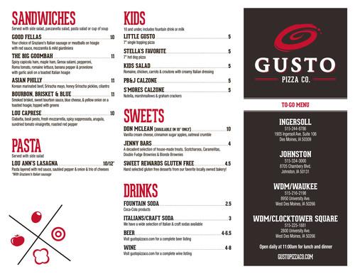 Gusto Pizza Co. menu in Des Moines, Iowa, USA