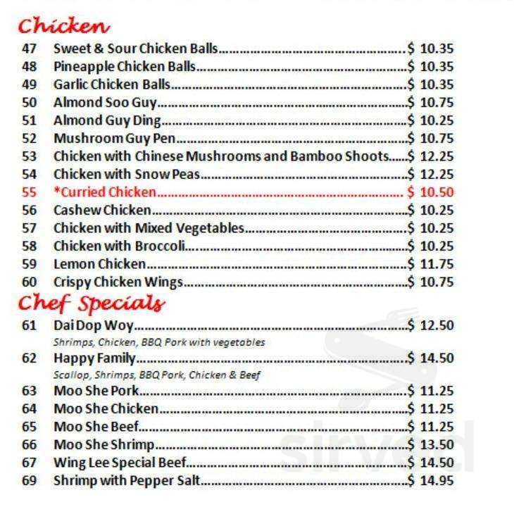 Wing Lee Take Out menu in Manotick, Ontario, Canada