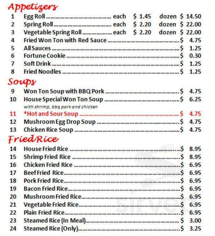 Wing Lee Take Out menu in Manotick, Ontario, Canada