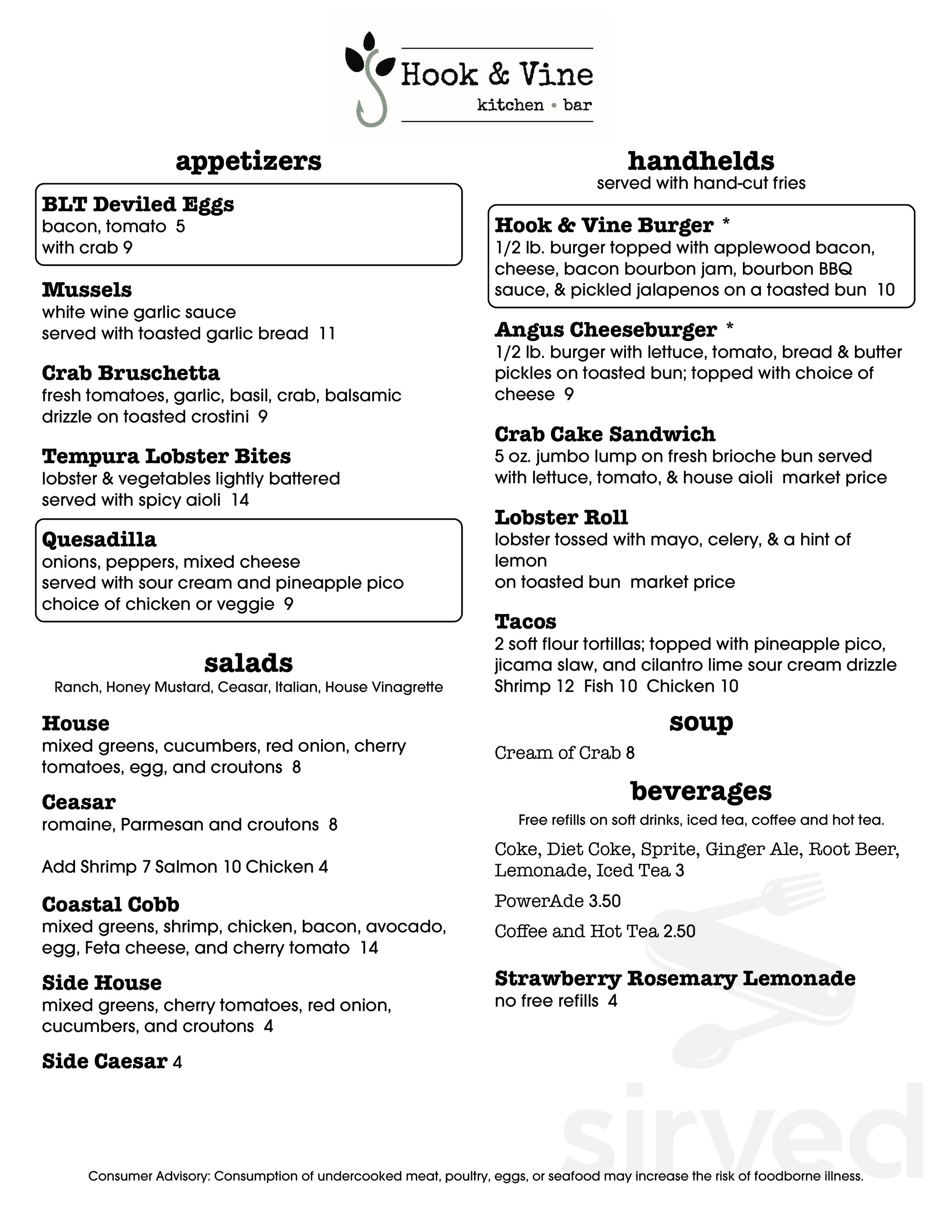 Hook & Vine - Kitchen and Bar menu in North Beach, Maryland, USA