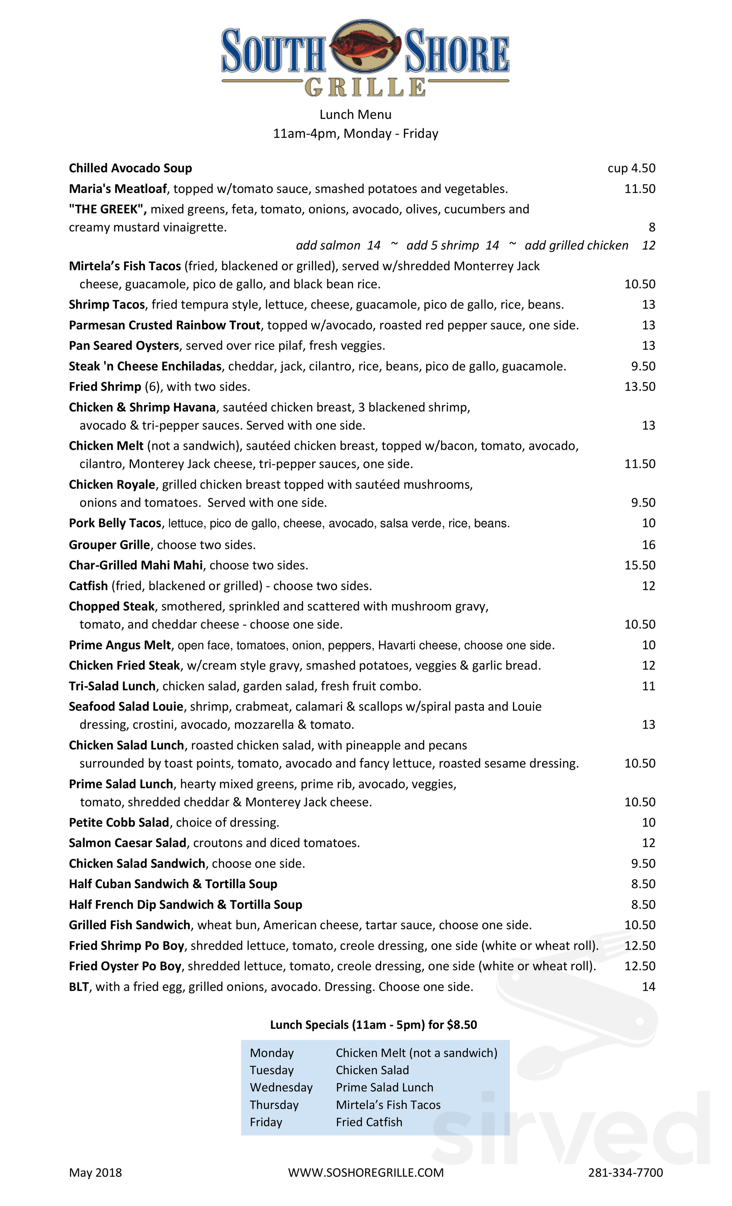 South Shore Grille menu in League City, Texas, USA