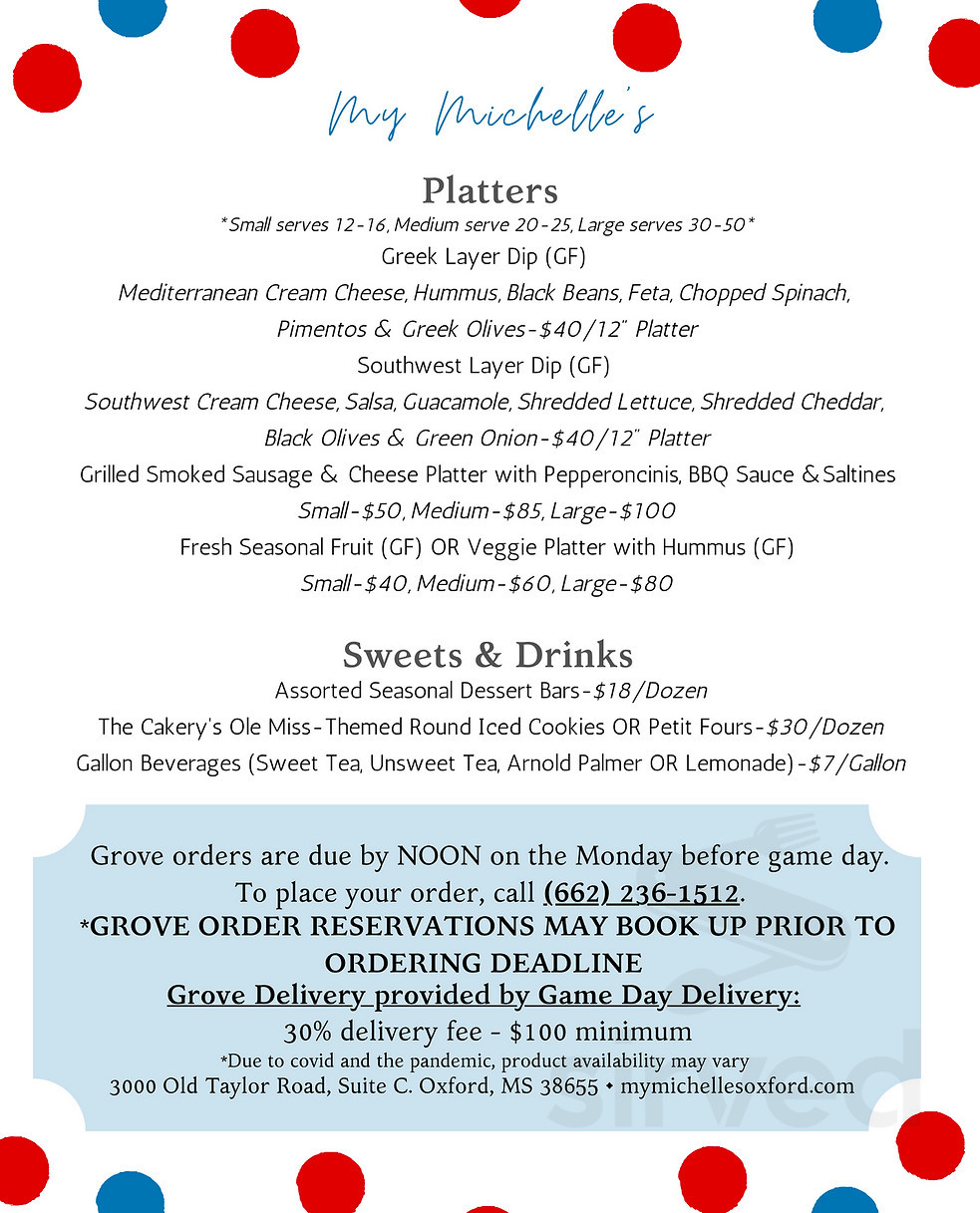 Menu - Oxford MS's My Michelle's | Catering ~ Grab & Go ~ Delivery | Sirved