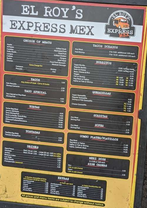 El Roy's Taco Truck menu in Petaluma, California, USA