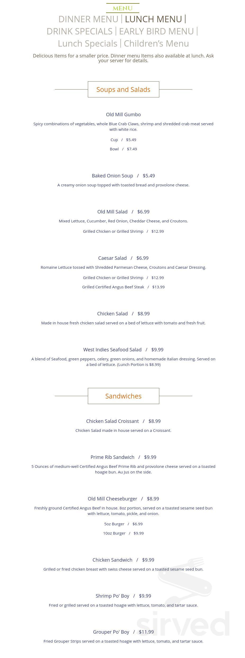 Menu - Dothan AL's The Old Mill | Sirved