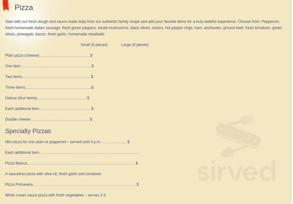 Rizzi's menu in Copley, Ohio, USA