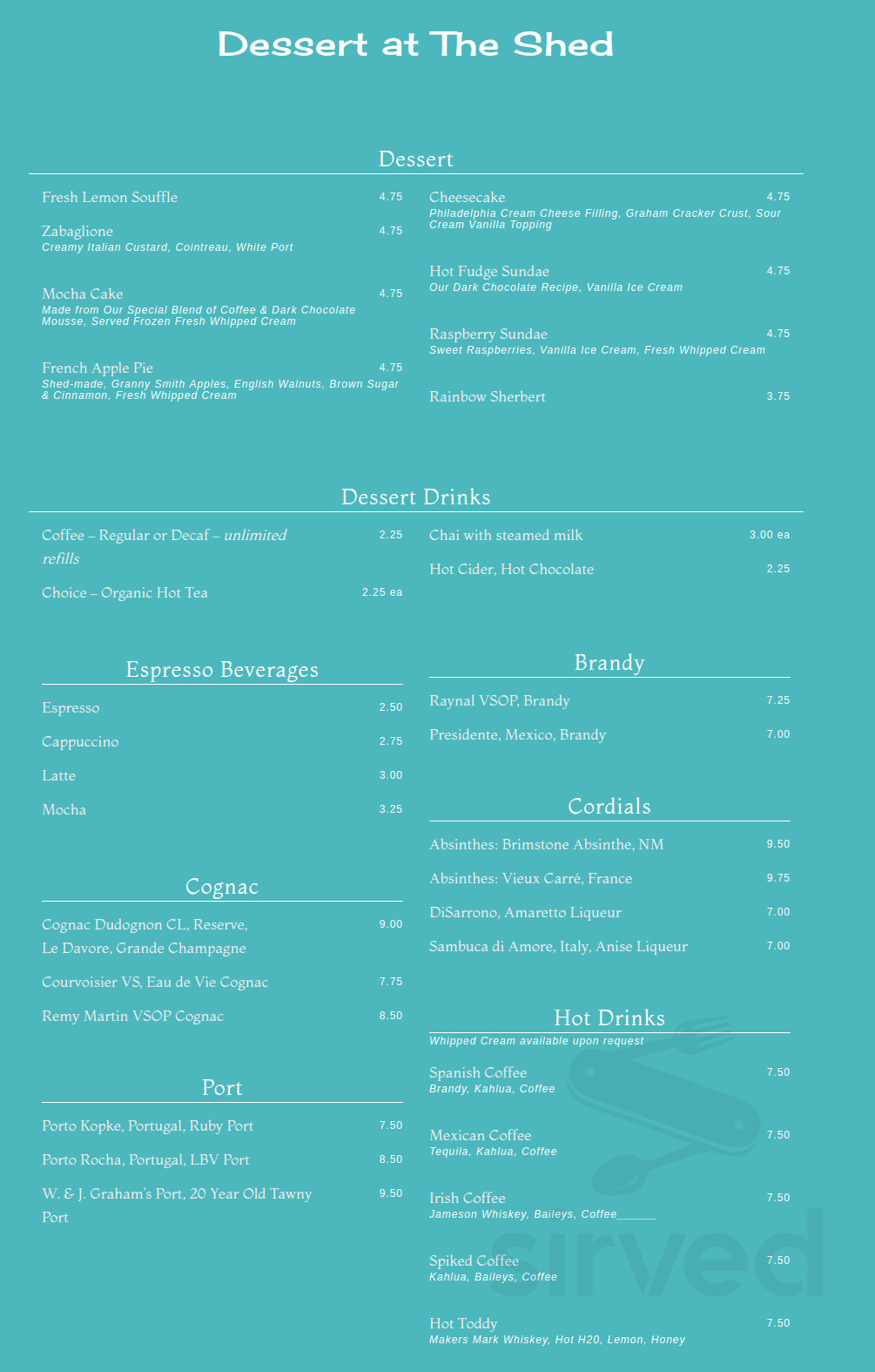 The Shed Restaurant menu in Santa Fe, New Mexico, USA