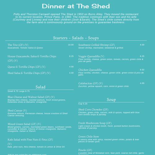 The Shed Restaurant menu in Santa Fe, New Mexico, USA