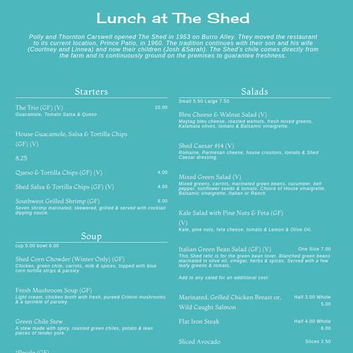 The Shed Restaurant menu in Santa Fe, New Mexico, USA