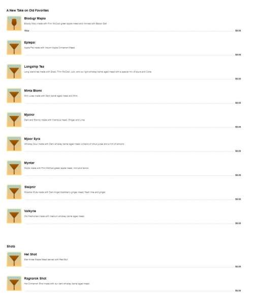 Valhalla menu in Kalamazoo, Michigan, USA