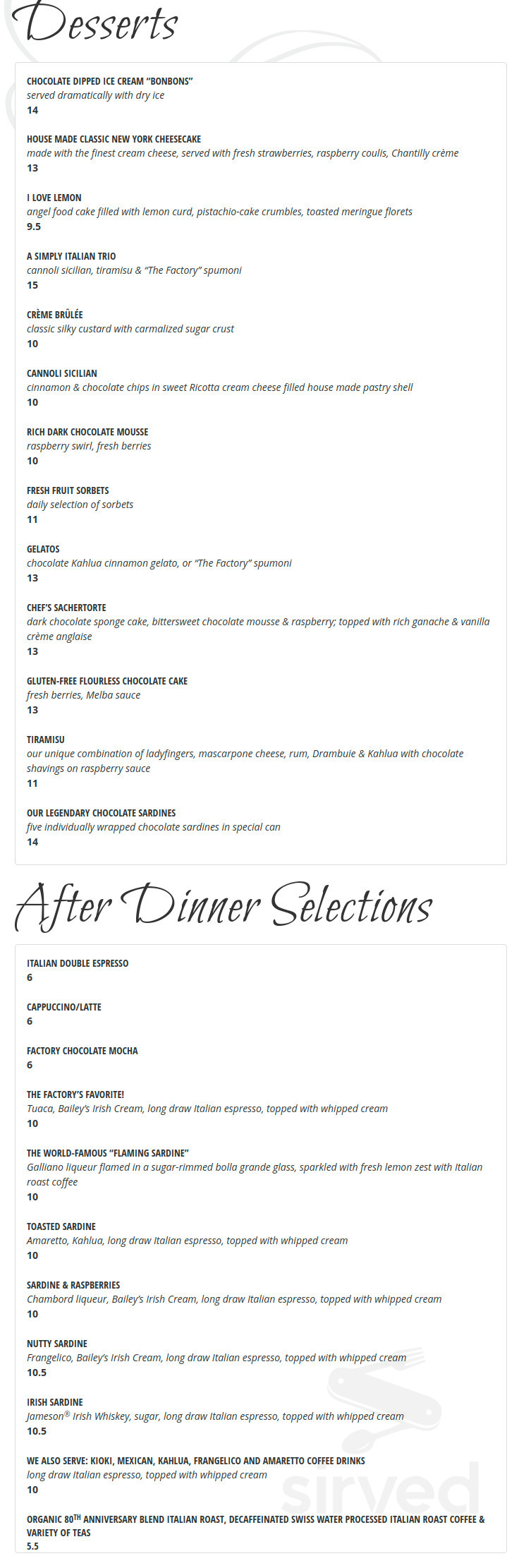 Menu - Monterey CA's The Sardine Factory | Sirved