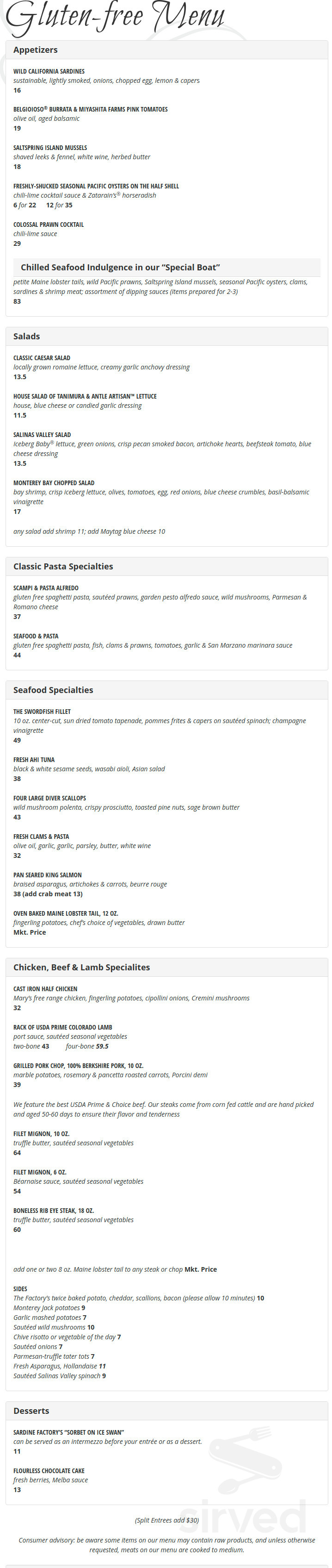 Menu - Monterey CA's The Sardine Factory | Sirved