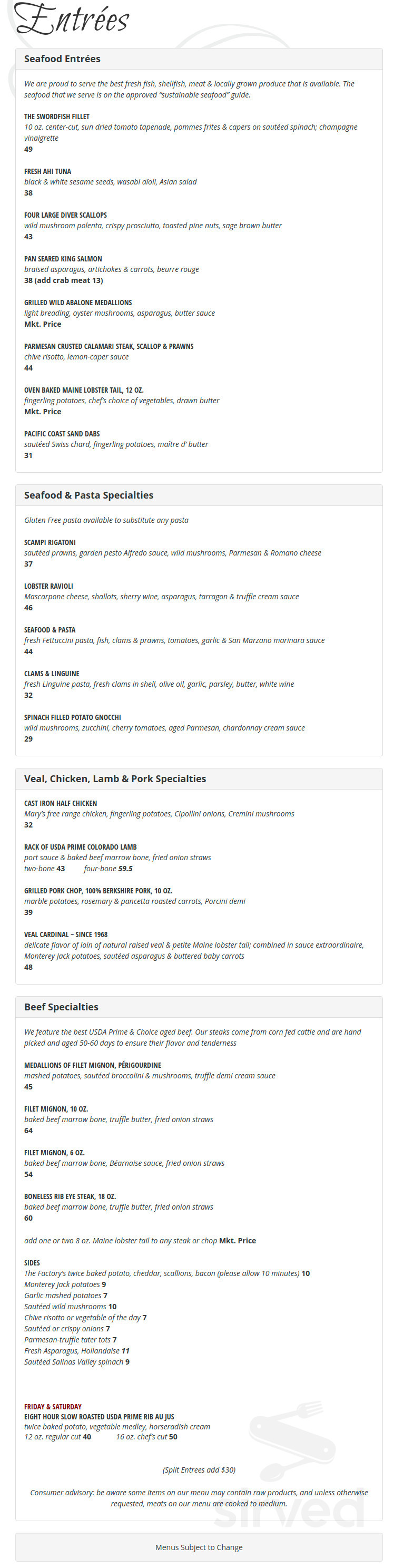 Menu - Monterey CA's The Sardine Factory | Sirved