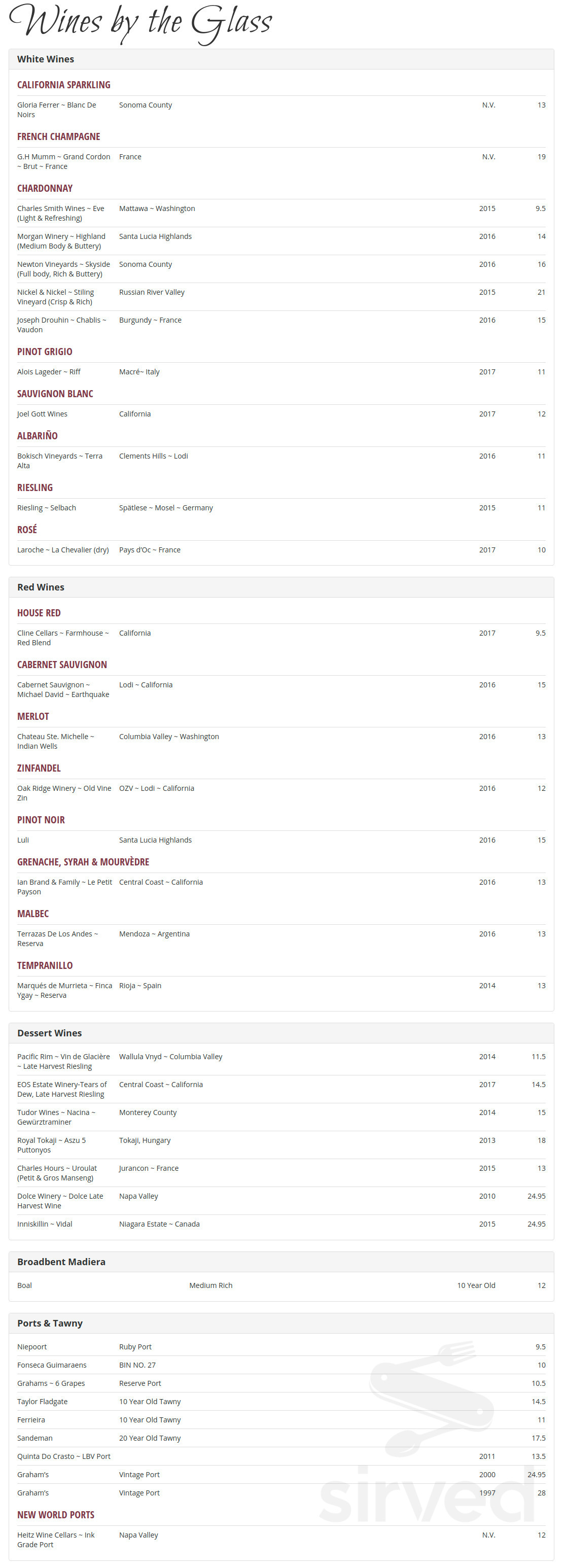 Menu - Monterey CA's The Sardine Factory | Sirved