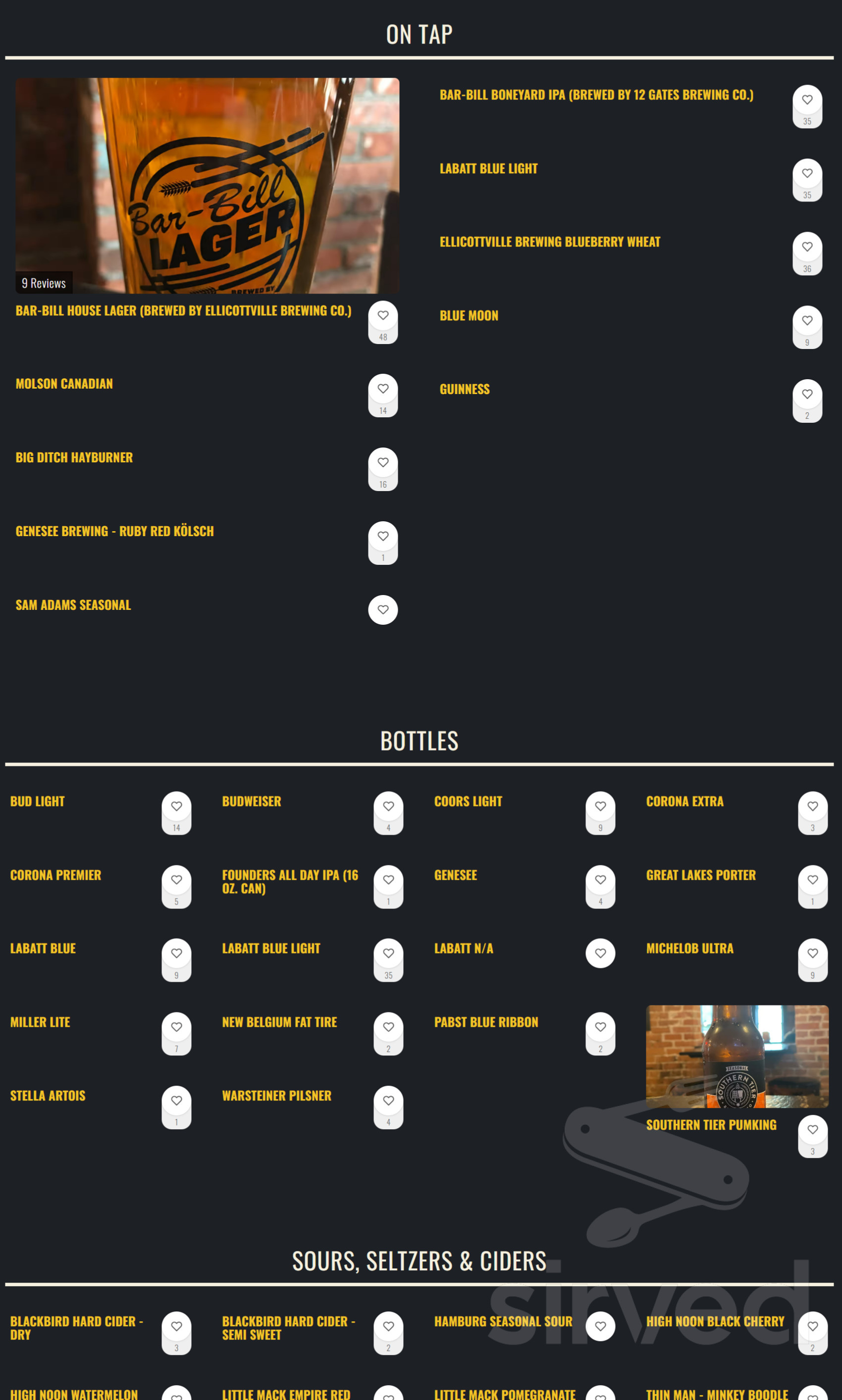 Menu for Bar-Bill North in Clarence, NY | Sirved