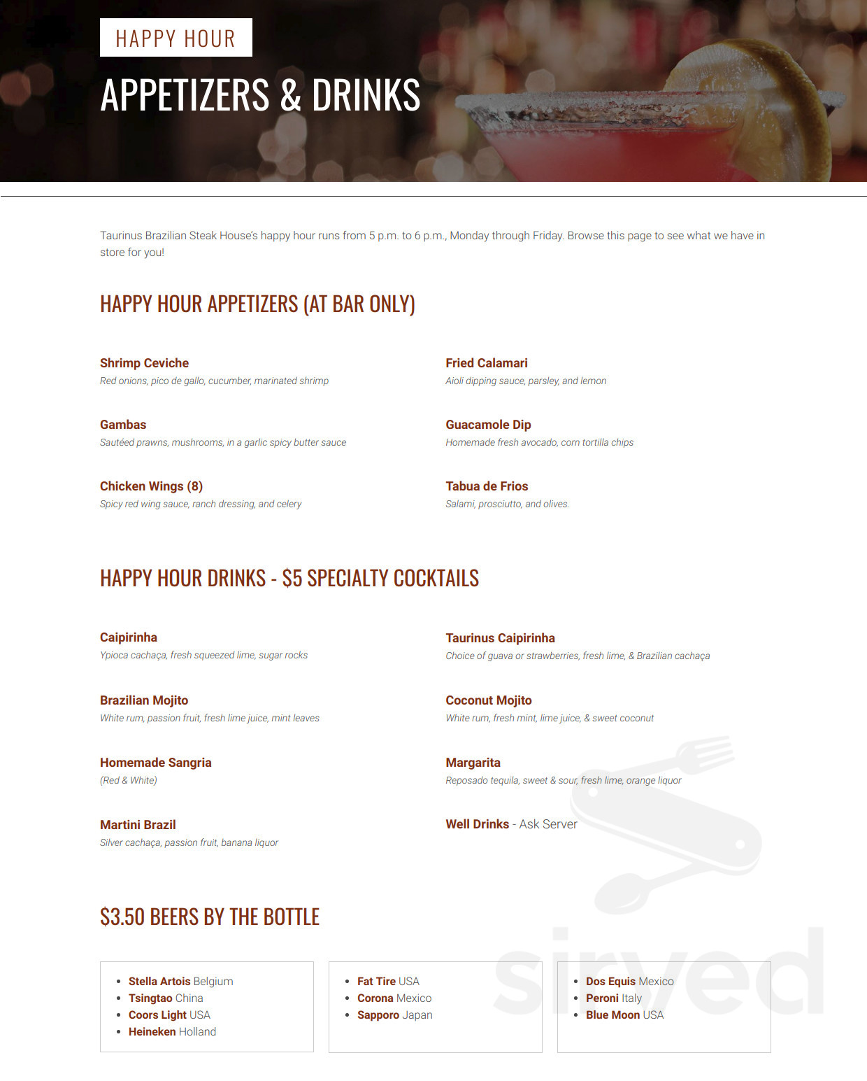 Menu for Taurinus Brazilian Steakhouse in San Jose, CA | Sirved