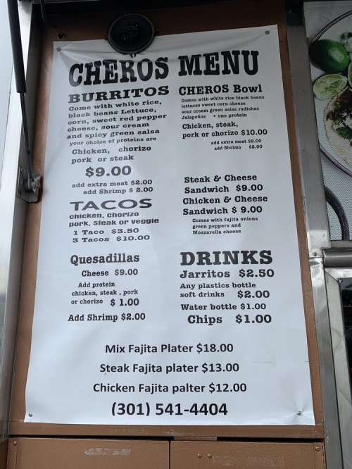 Cheros Grill menu in Takoma Park, Maryland, USA
