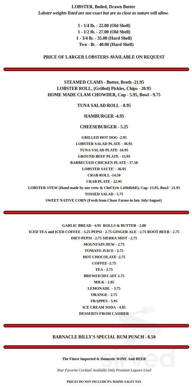 Barnacle Billy's Original menu in Ogunquit, Maine, USA