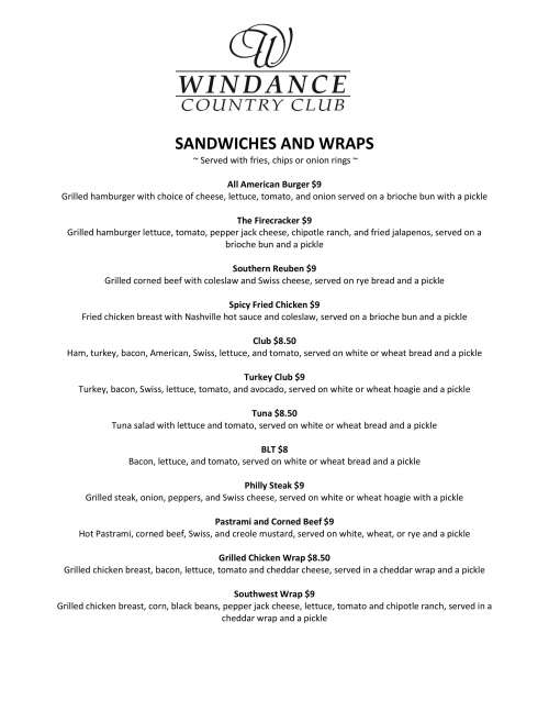 Windance Country Club menu in Gulfport, Mississippi, USA