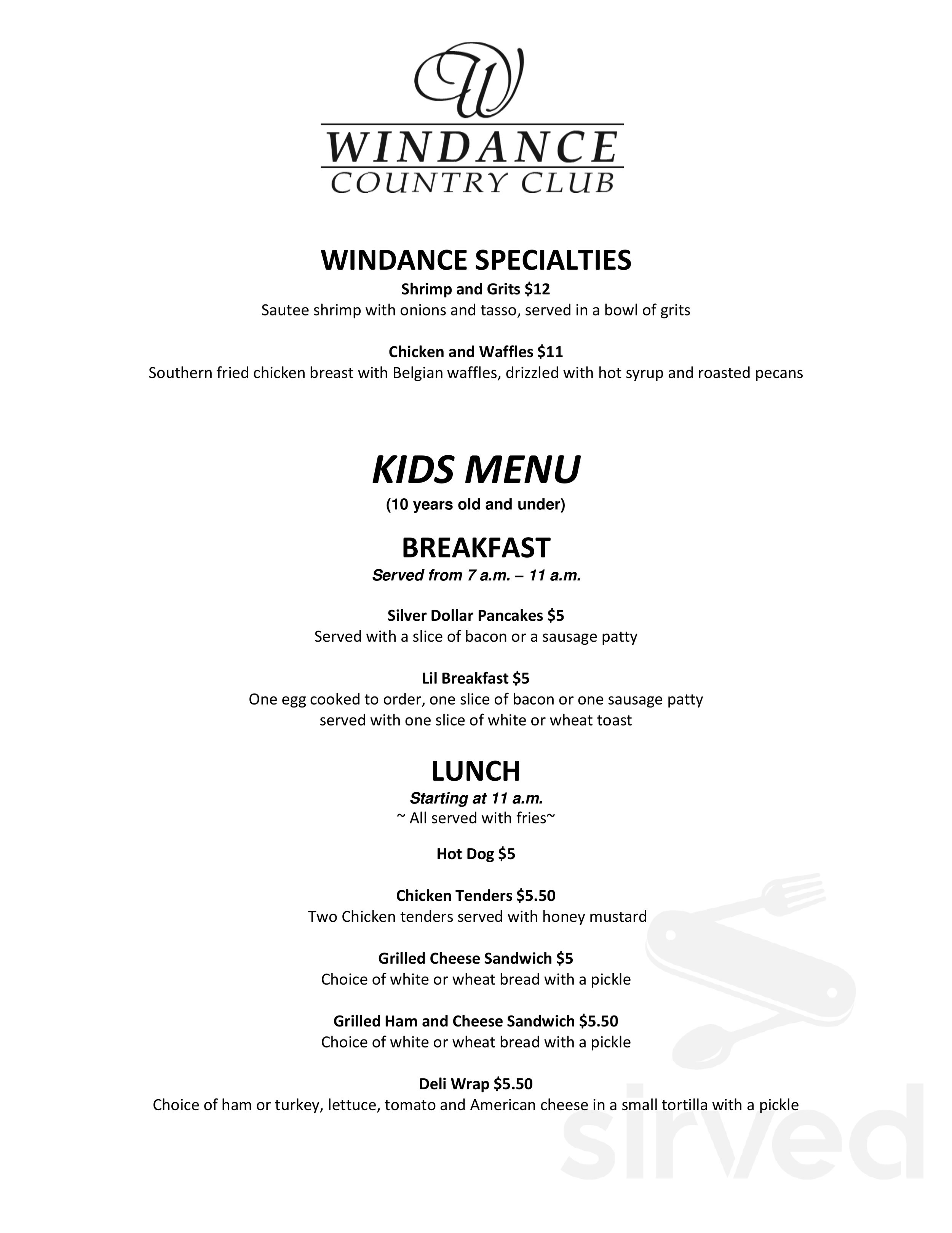 Menu for Windance Country Club in Gulfport, MS | Sirved