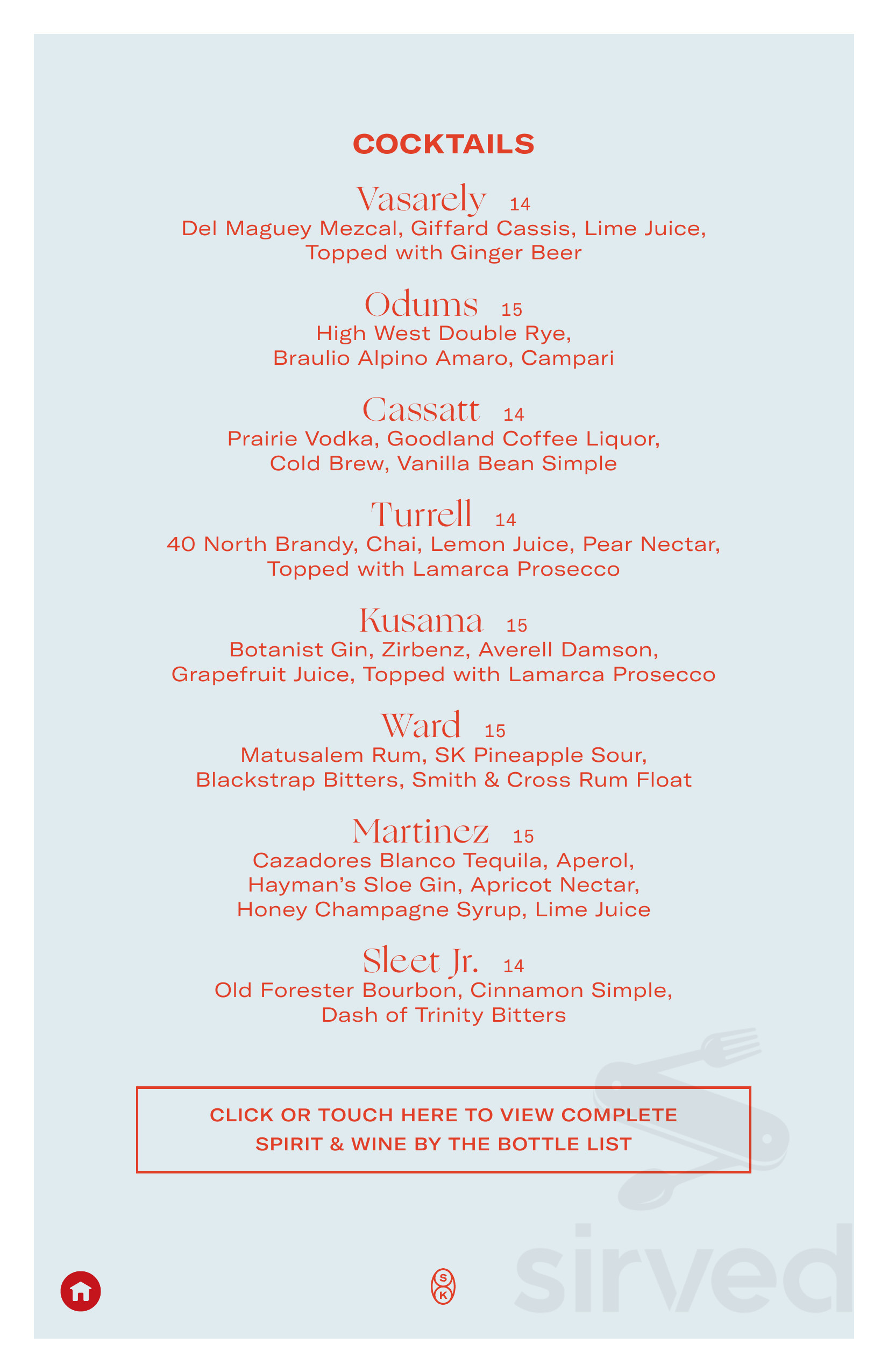 Menu for The Bar at Saint Kate in Milwaukee, WI | Sirved
