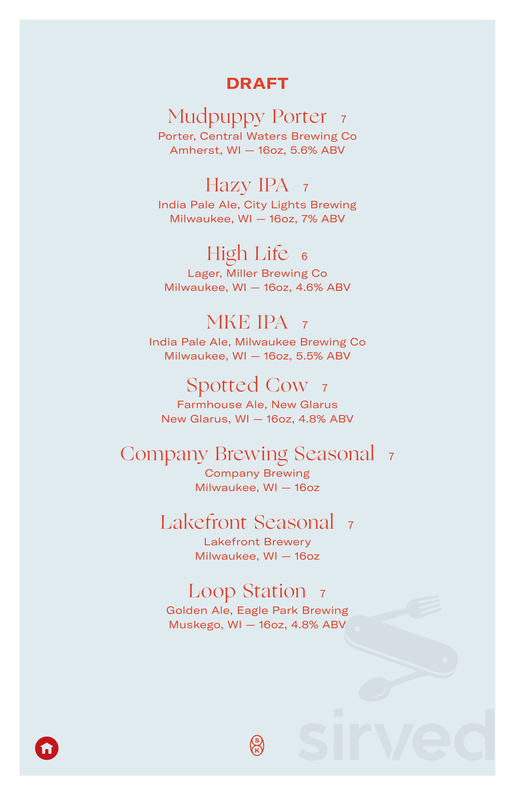Menu for The Bar at Saint Kate in Milwaukee, WI | Sirved