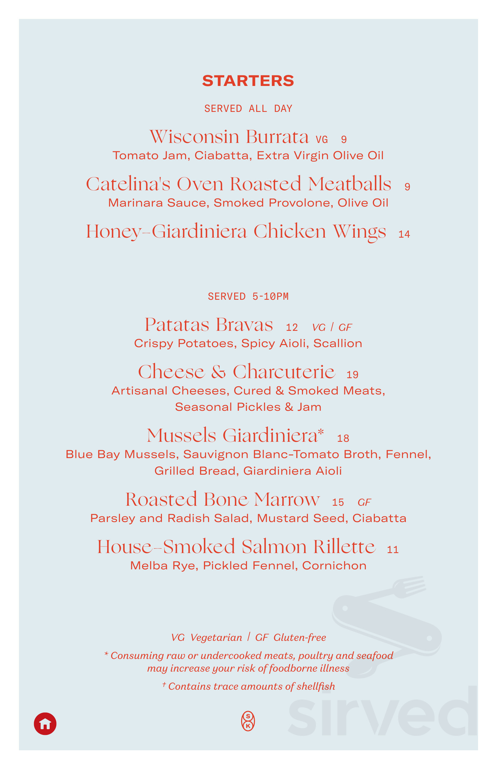 Menu for The Bar at Saint Kate in Milwaukee, WI | Sirved