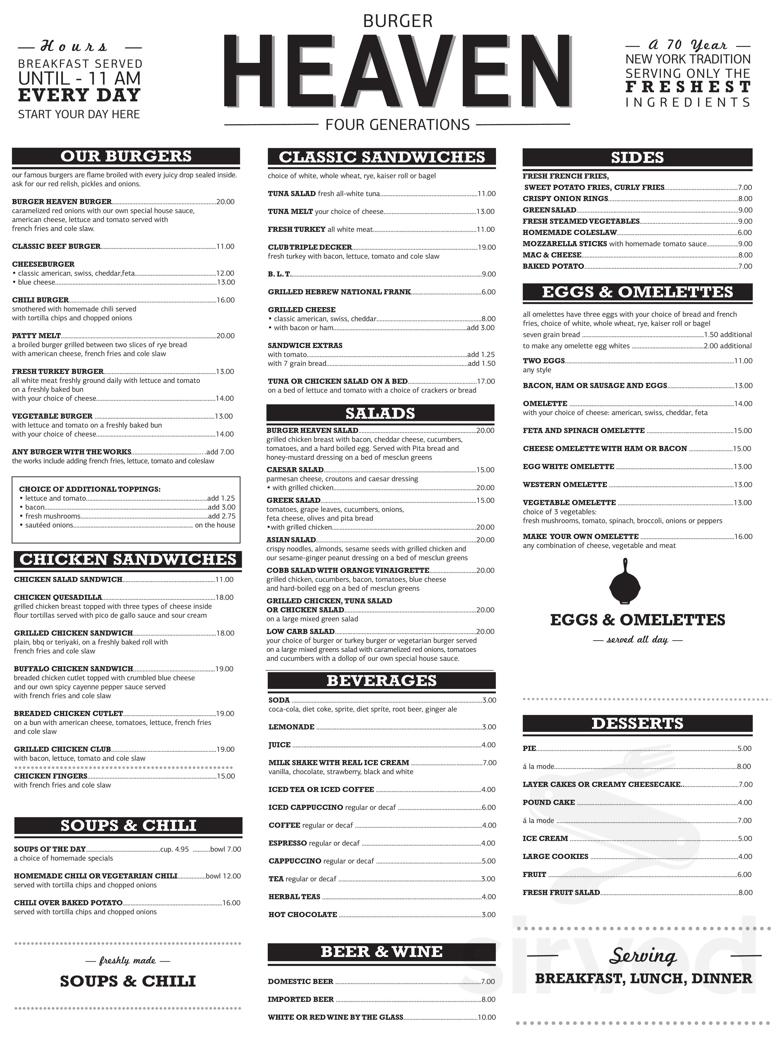 Burger Heaven menu in New York, New York, USA