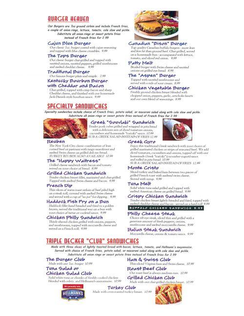 Tops American Grill, Bakery & Bar menu in Schenectady, New York, USA