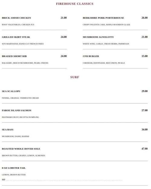 The Chicago Firehouse Restaurant menu in Chicago, Illinois, USA