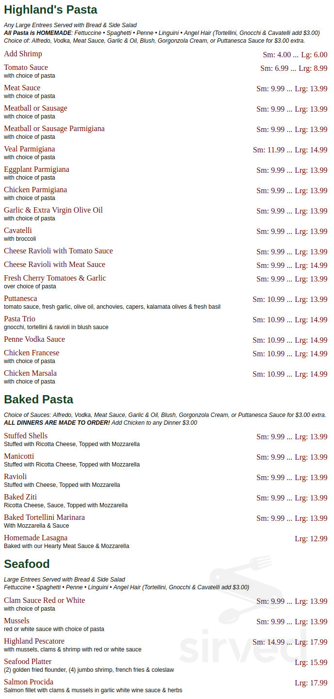 Highland Pizza menu in Highland Park, New Jersey, USA