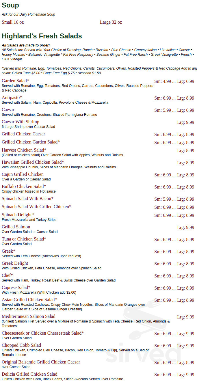 Highland Pizza menu in Highland Park, New Jersey, USA