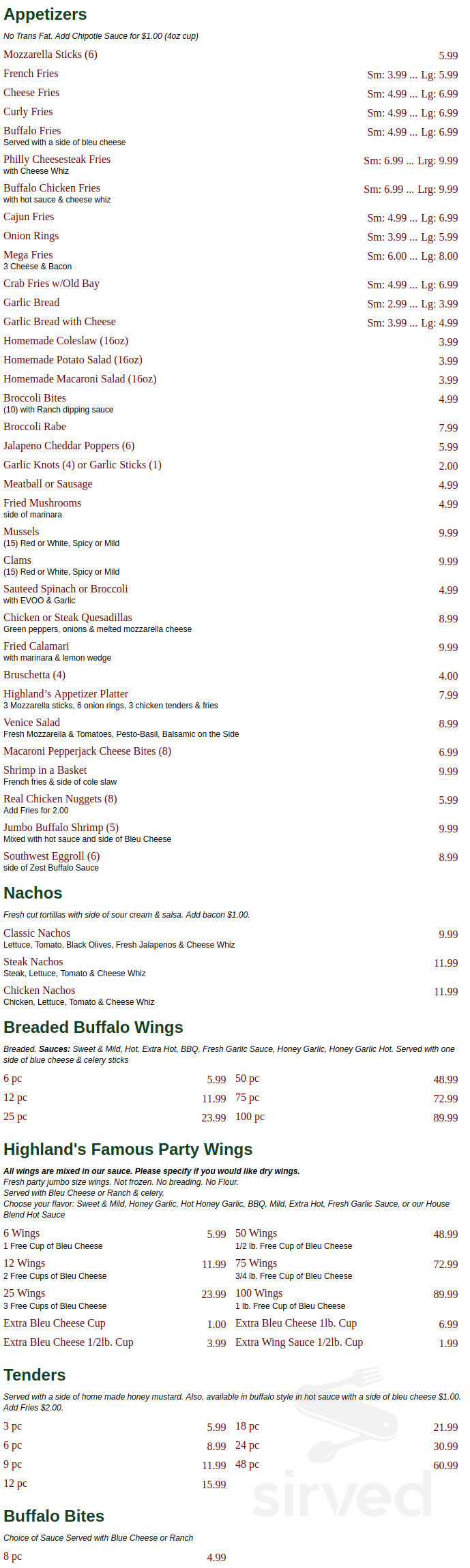 Menu - Highland Park NJ's Highland Pizza | Sirved