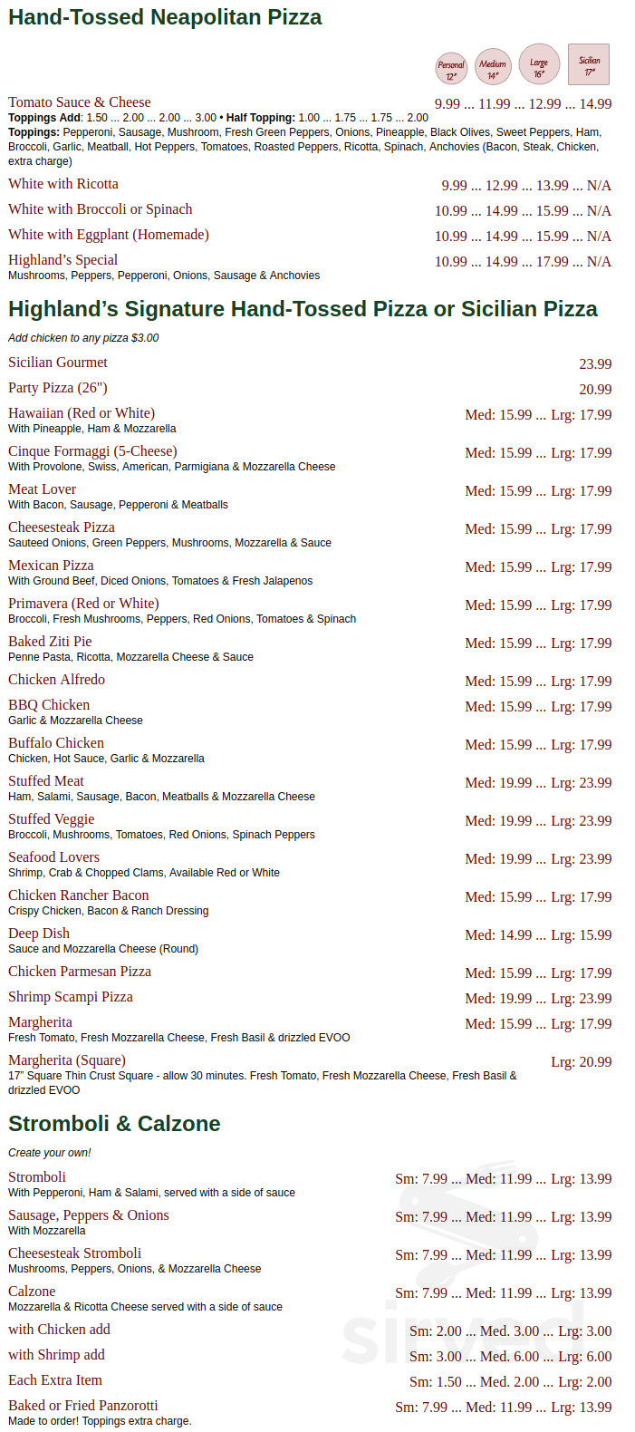 Menu - Highland Park NJ's Highland Pizza | Sirved