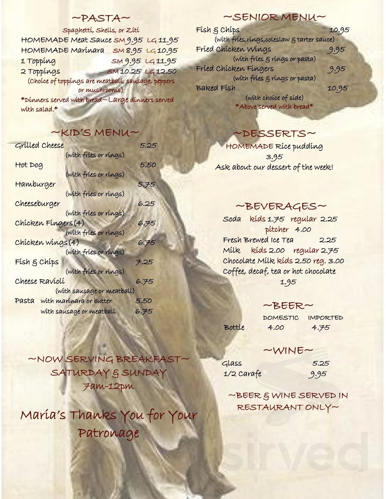 Menu - Colchester CT's Maria's Pizza Palace | Sirved